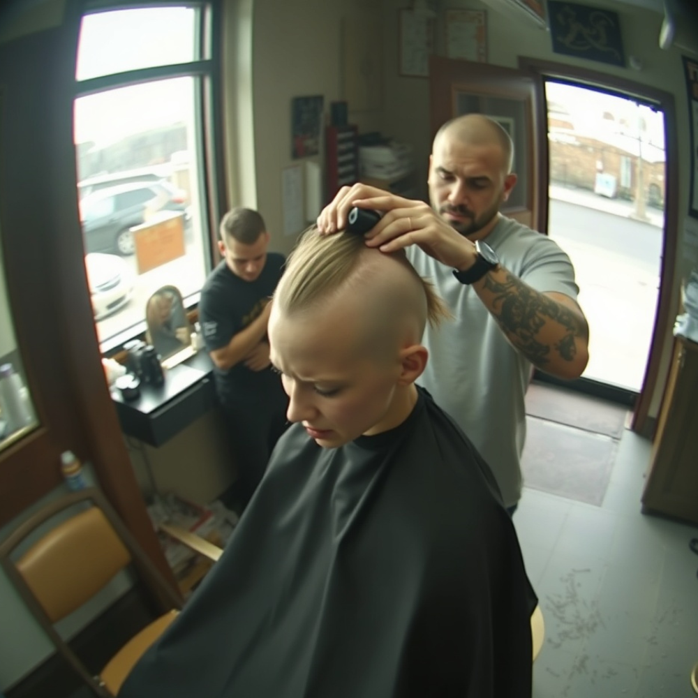 A woman, losing her hair, visited the barbershop to have it shaved off ...