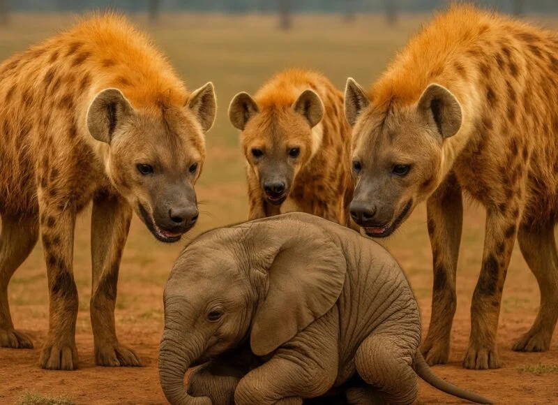 Surrounded by a group of menacing hyenas, a tiny elephant faced danger ...