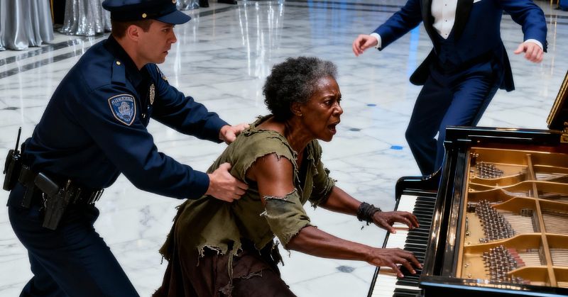 A thin, unhoused woman was escorted from the lavish charity gala by two ...