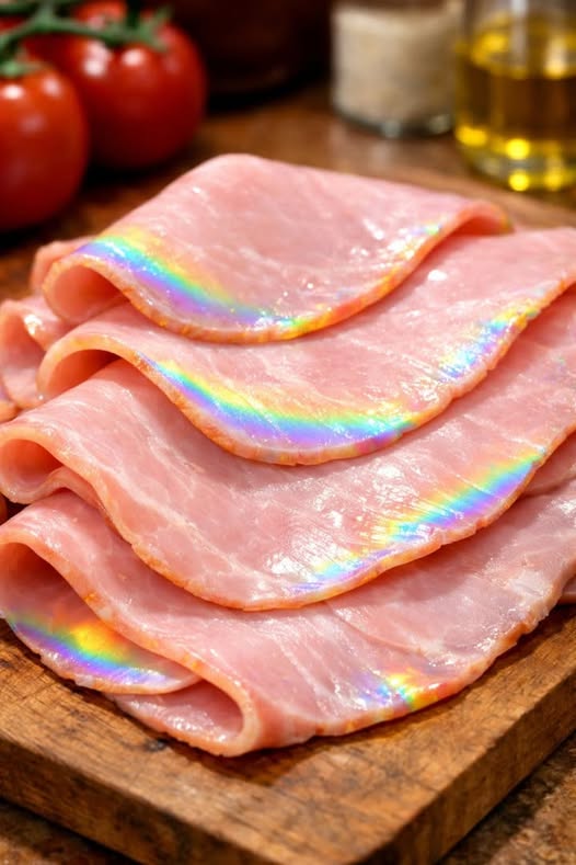 After pulling deli ham from the refrigerator, I saw a shiny rainbow ...
